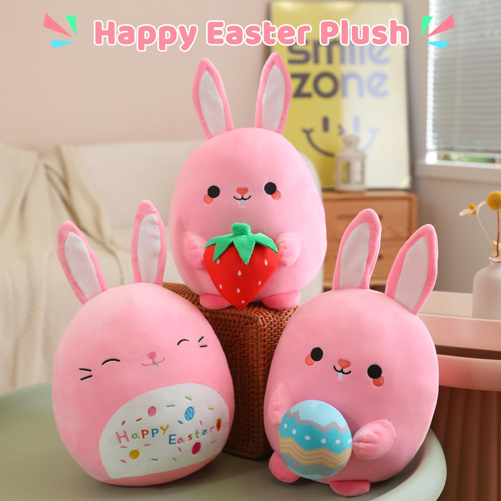 TOYSYM Pink Bunny Plush Cute Easter Bunny Stuffed Animal Toy Soft Rabbit Strawberry Plushies Easter Plushie Pillow Doll Gifts for Kids Decor 13.7 inch