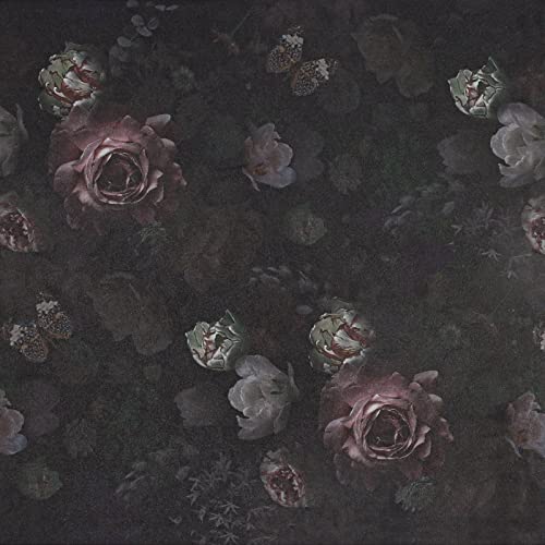 VEELIKE Decorative Wallpaper Rolls Peel and Stick, Dark Floral Peony Vintage Boho Removable Self Adhesive Prepasted for Bedroom Bathroom Walls Cabinets Shelf, Black, 17.7''x118''