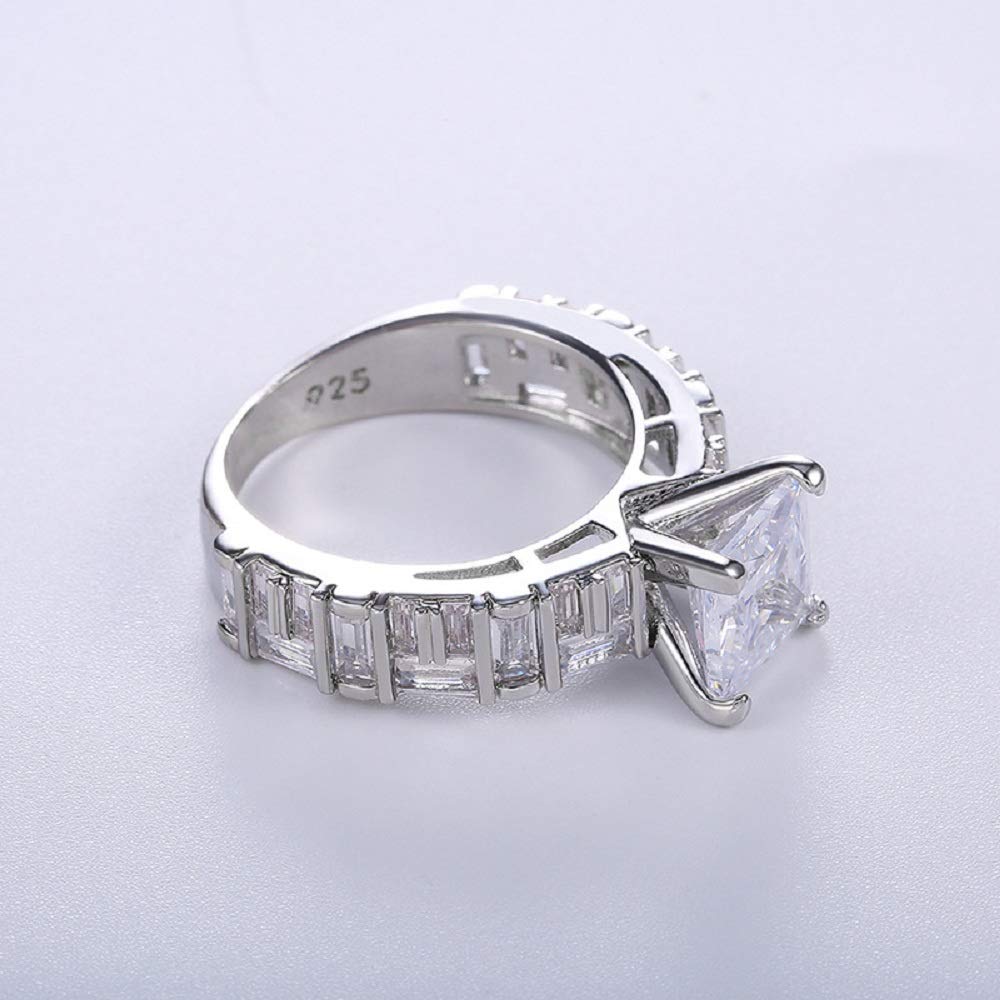 GUIDECUN Princess Cut Simulated Diamond Ring, French Baguette Emerald Cut Side StoneCubic Zirconia Stone Promise Engagement Ring for Women (US Size 6)