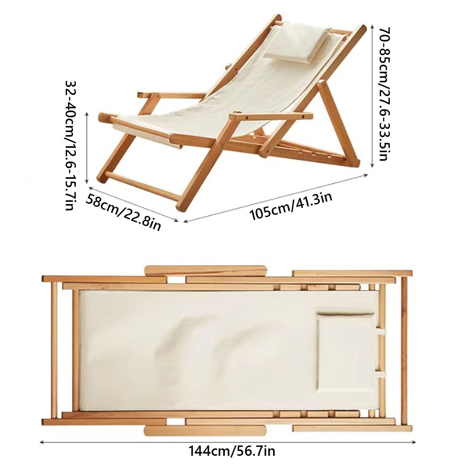Outdoors Pool Chaise Lounger, Folding Lounge Recliner Chairs, Wooden Sunbathing Chair with 4-Position Adjustable Backrest and Arm, Assemble-Free(Beige)