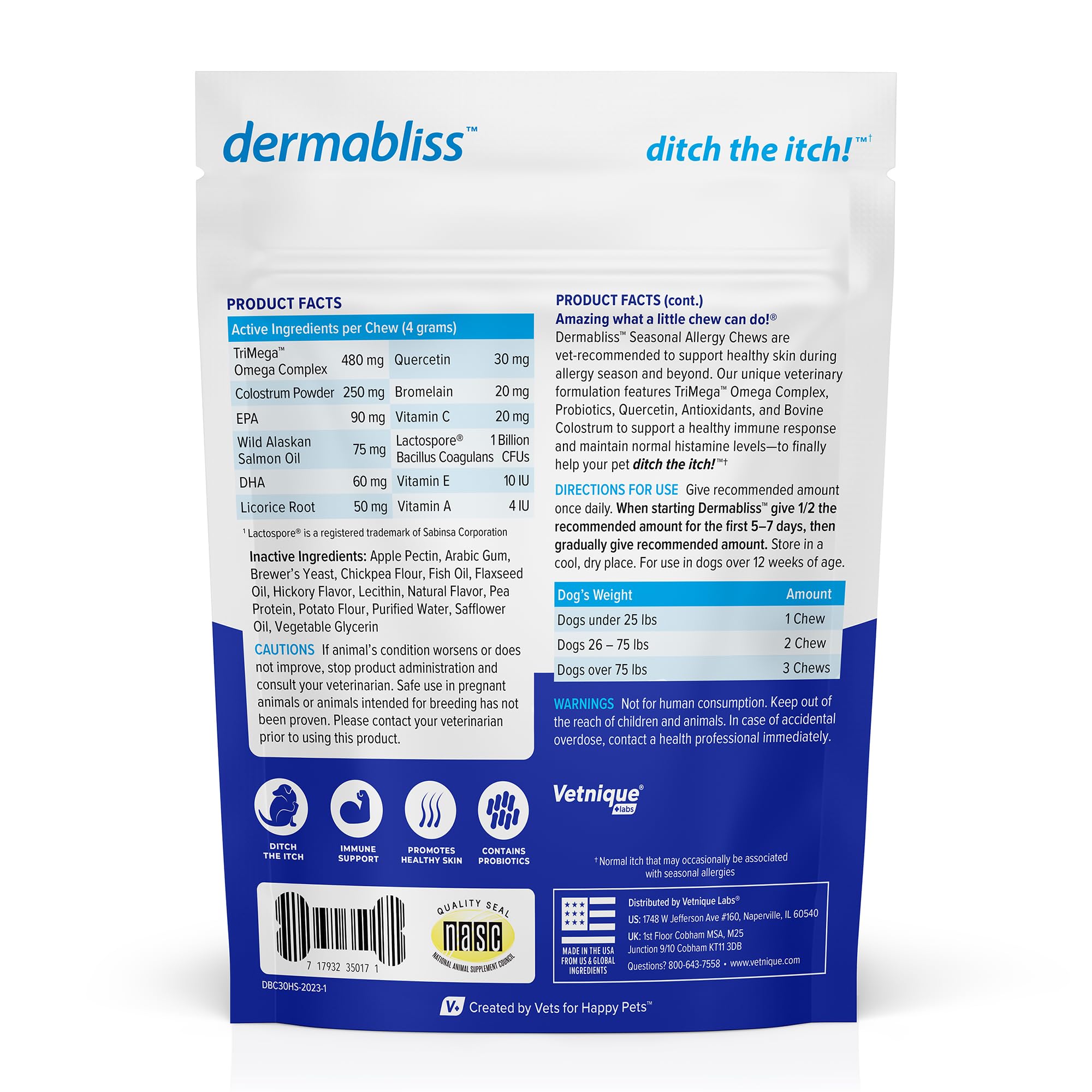 Vetnique Labs Dermabliss Seasonal Dog Allergy Chews (30ct) & Glandex Anal Gland Support Powder with Pumpkin for Dogs (5.5oz Beef) Bundle
