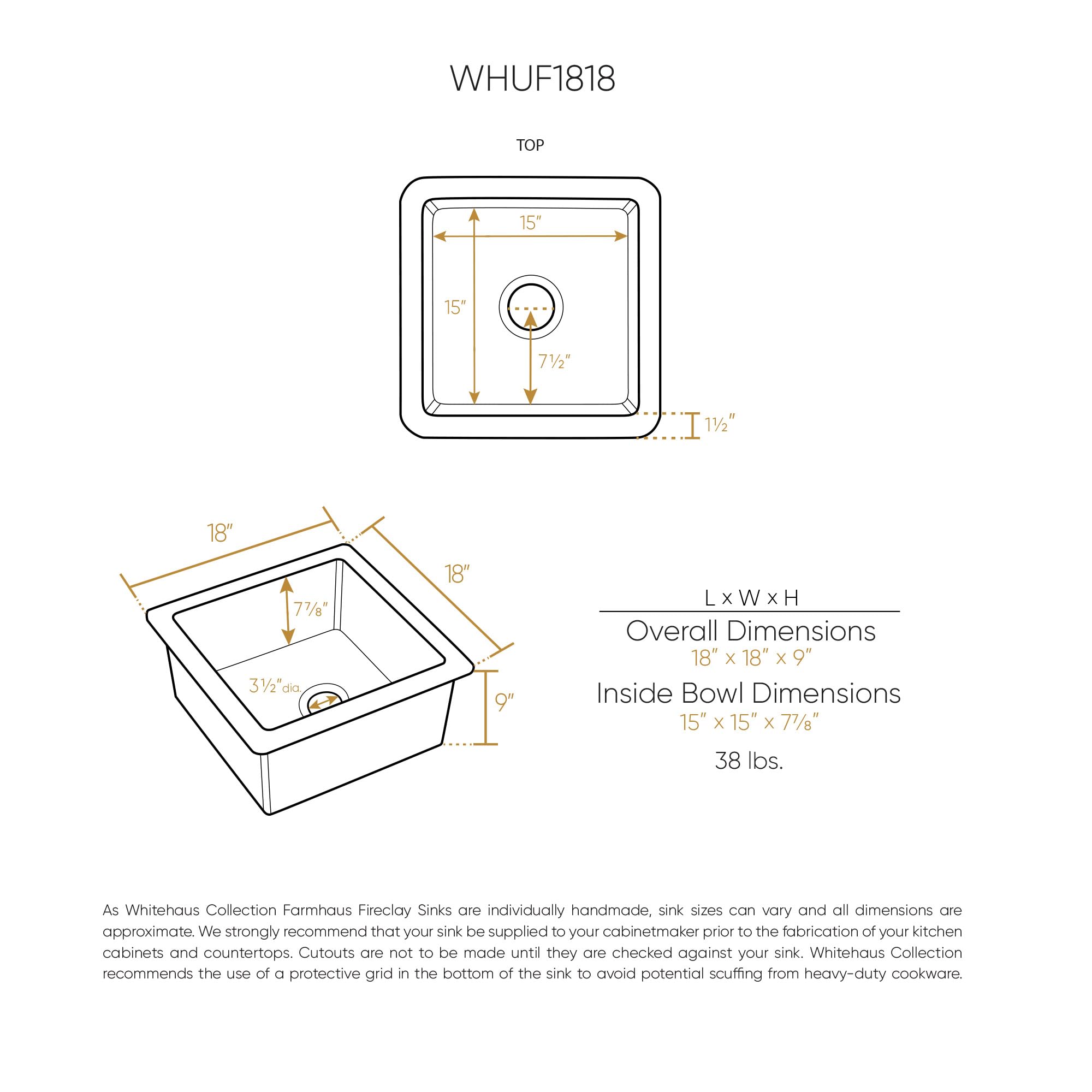 Whitehaus Collection WHUF1818 Undermount/Drop-in Fireclay Kitchen Sinks, Stainless Steel Grid Included