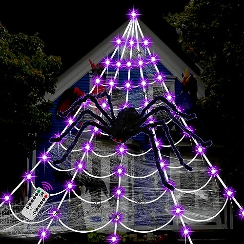 SIXVALA Halloween Decorations, 16.4Ft Halloween Spider Web with 135 LED Purple Lights & 6.6Ft Giant Spider & 30 Small Spiders & 60g Stretch Cobweb, Remote Control with 8 Modes for Yard Halloween DĂŠcor