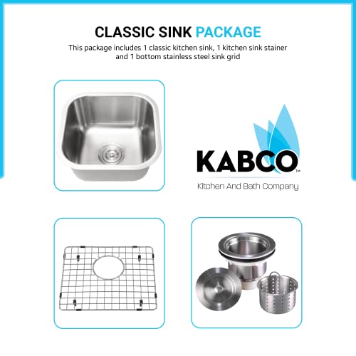 KABCO 16 Inch Square Single Bowl Stainless Steel Classic Kitchen Sink with Kitchen Sink Strainer, Garbage Basket and Sink Grid, 18 Gauge Undermount Rust Resistant Sound and Heatproof Swirl Finish Sink