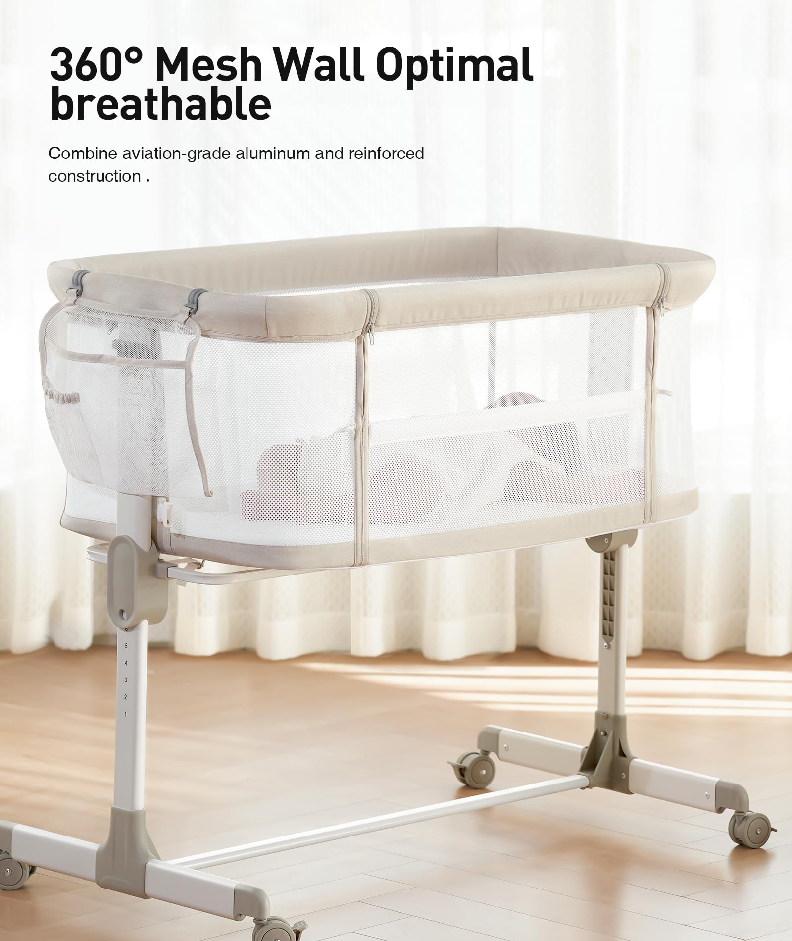 Fodoss Baby Bassinets Bedside Sleeper - All Mesh Bedside Bassinet with Wheels, 7 Height Adjustable Baby Bassinet for Infants, Beige
