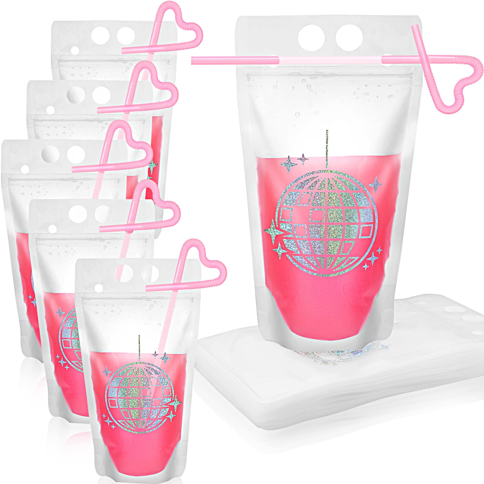 Hoolerry 72 Pcs Disco Pouches for Drinks Adult Drink Pouches 70s Disco Party Drink Pouches with Straws Resealable Disco Theme Drink Bags Plastic Zipper Clear Juice Pouches for Party Supplies (Classic)