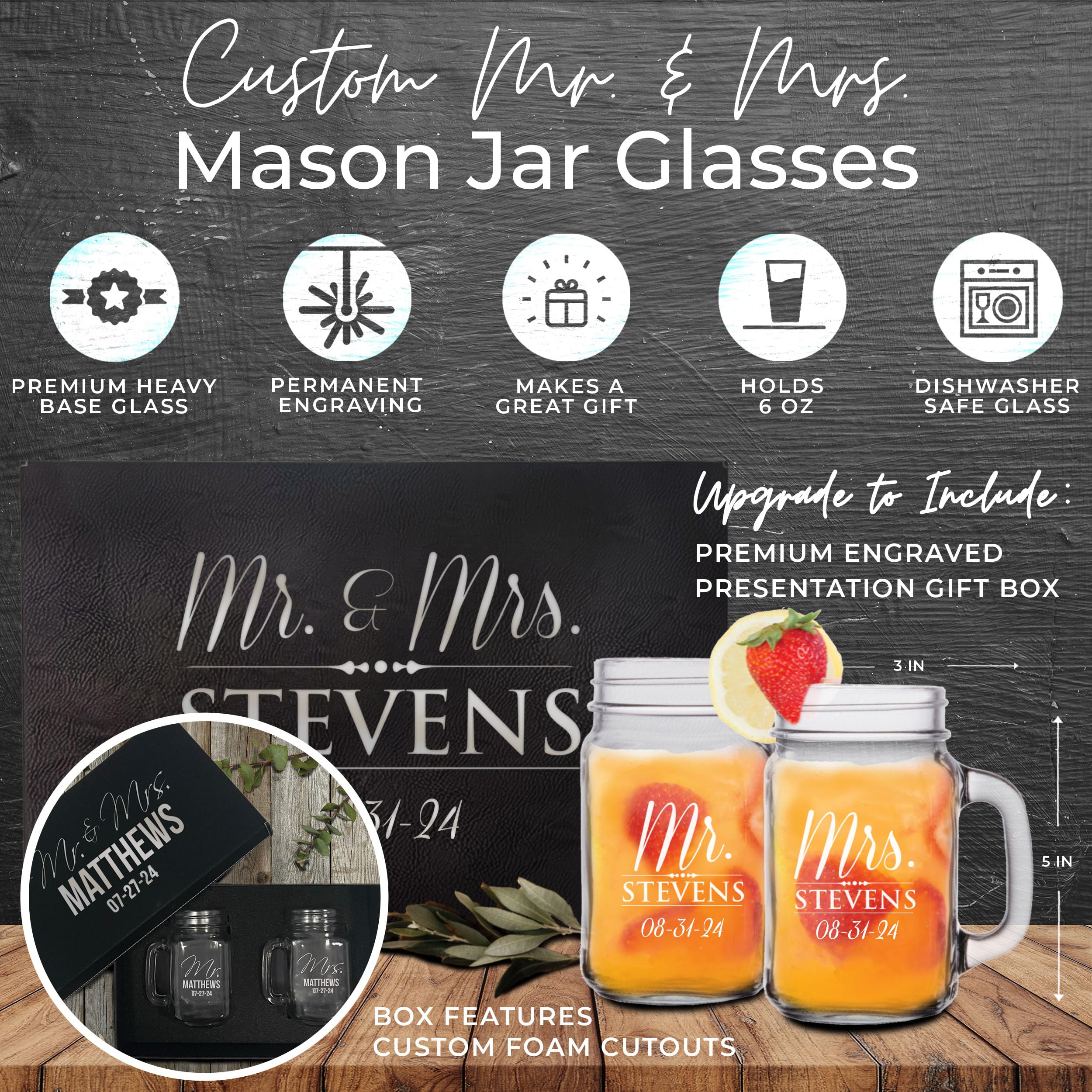 My Personal Memories Set of 2 Mr and Mrs Personalized Mason Jar Glasses - Engraved, Custom, Monogrammed Barware Glassware Gifts
