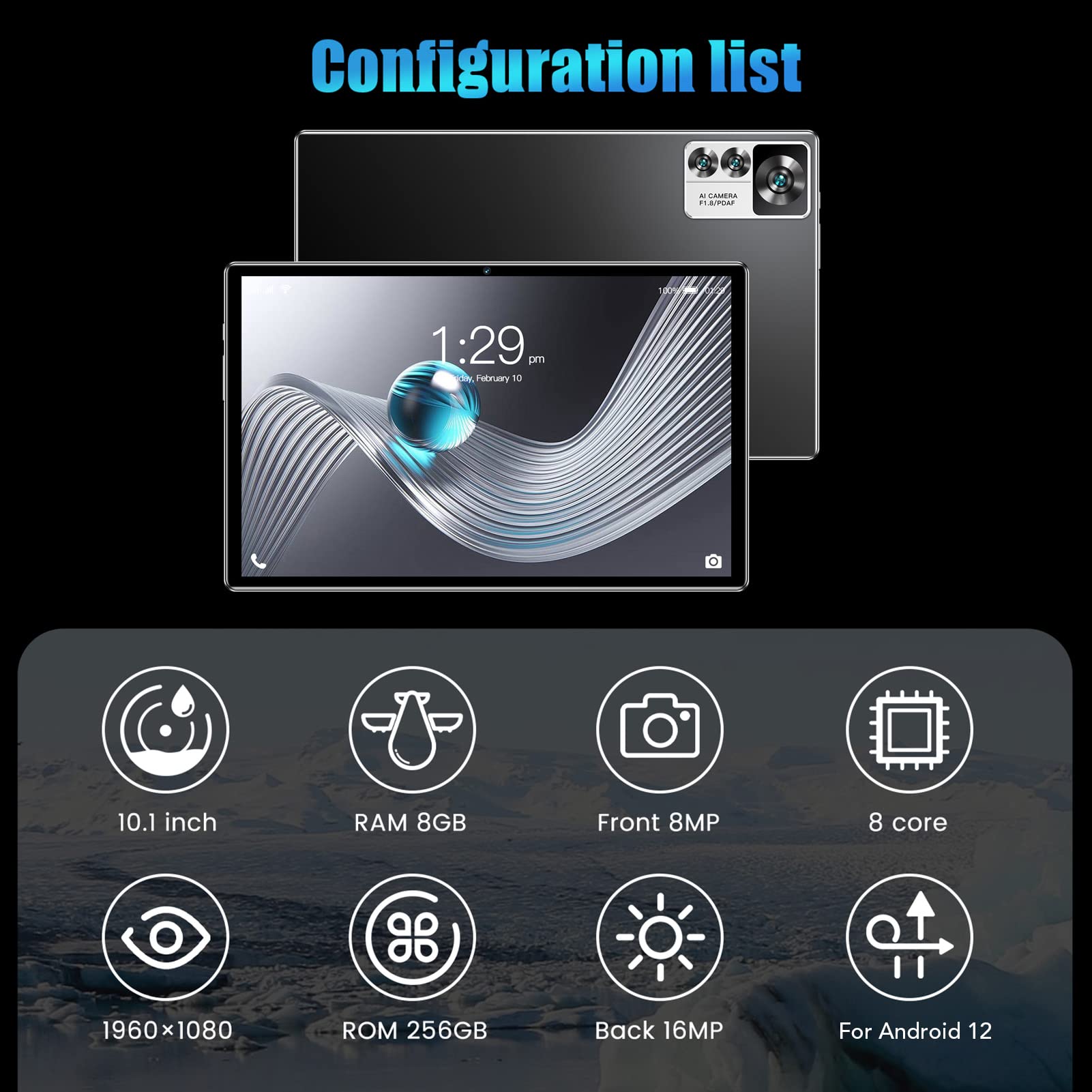 GLOGLOW Tablet PC, 5GWIFI Octa Core CPU 10.1in Tablet 100‑240V 5.0 8GB RAM 256GB ROM Black for Home (US Plug)
