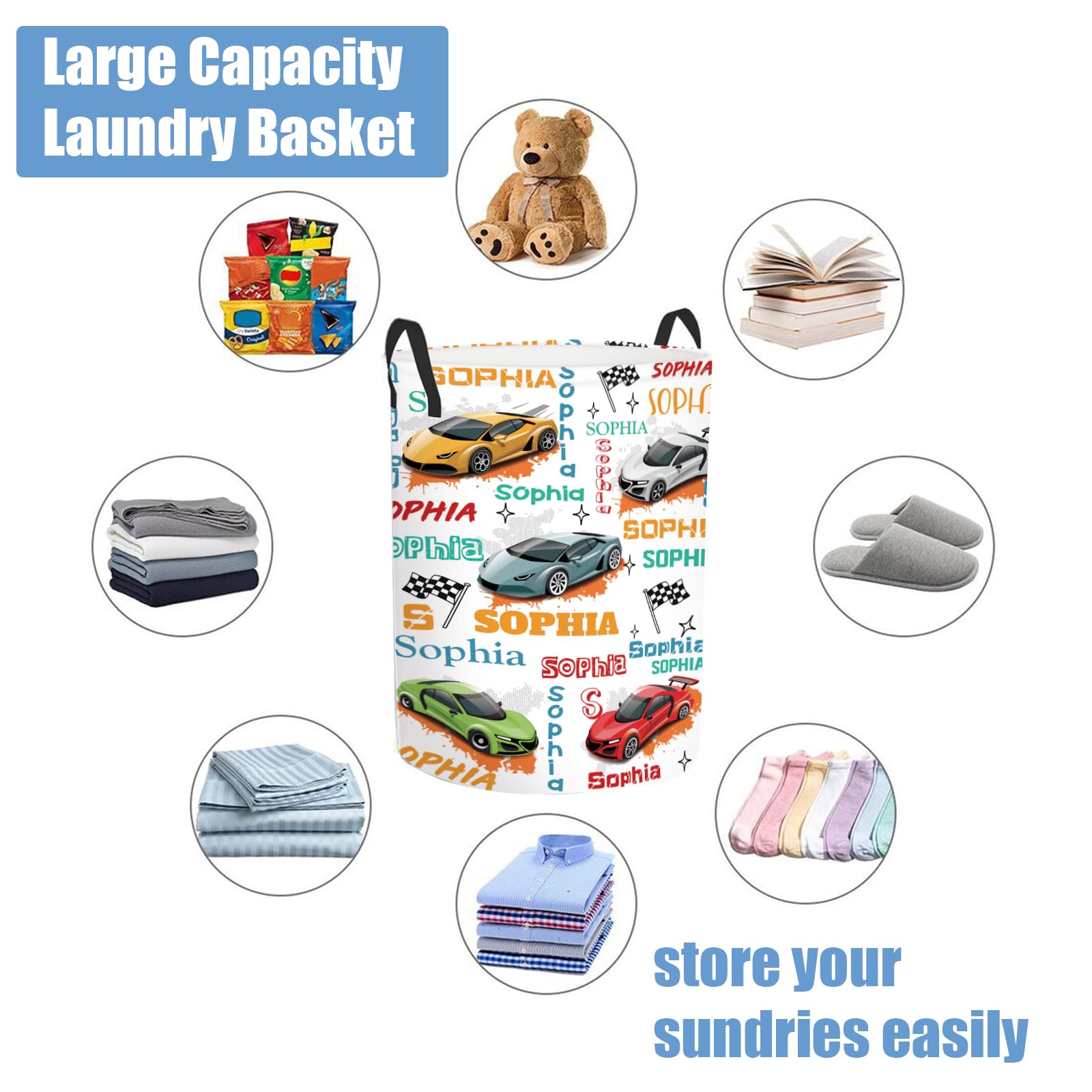 Rucekia Custom Name Truck Laundry Baskets for Nursery, Personalized Baby Boy Laundry Basket with Name, Customize Baby Name Laundry Hamper Kids Storage Organizer 2 Sizes