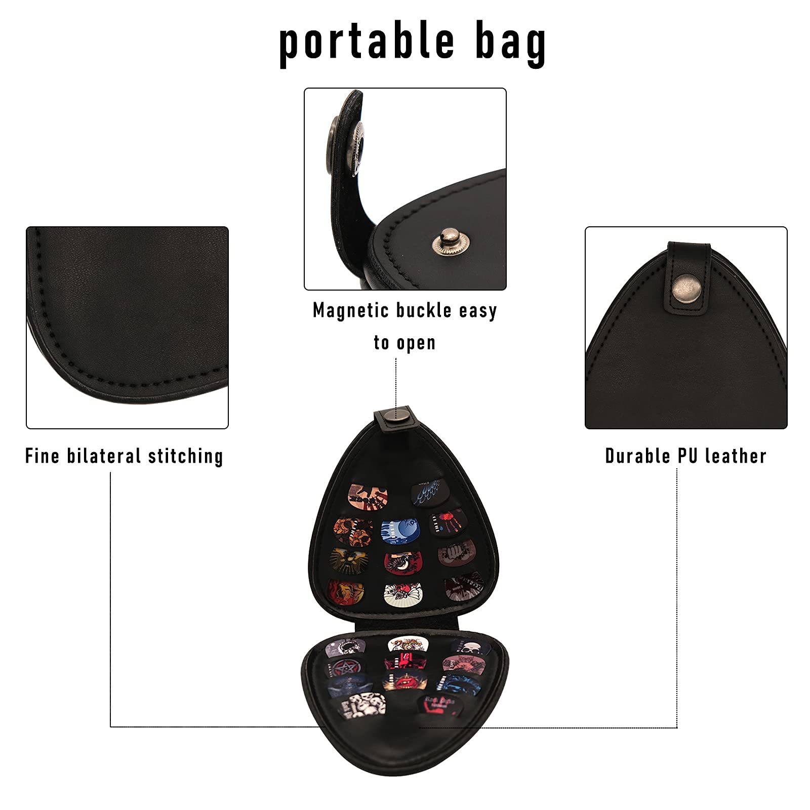 Guitar Pick Holder Case Bag with 22 guitar picks, High-grade pure leather, Gift for Guitar Players (black)