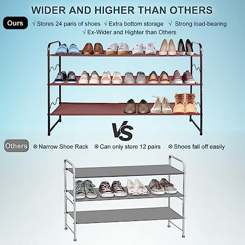 ZXNABA 3-Tier Shoe Rack Stackable Long Shoe Shelf Storage Organizer for Closet, Entryway 18-Pair / 24-Pair (Golden-Brown)