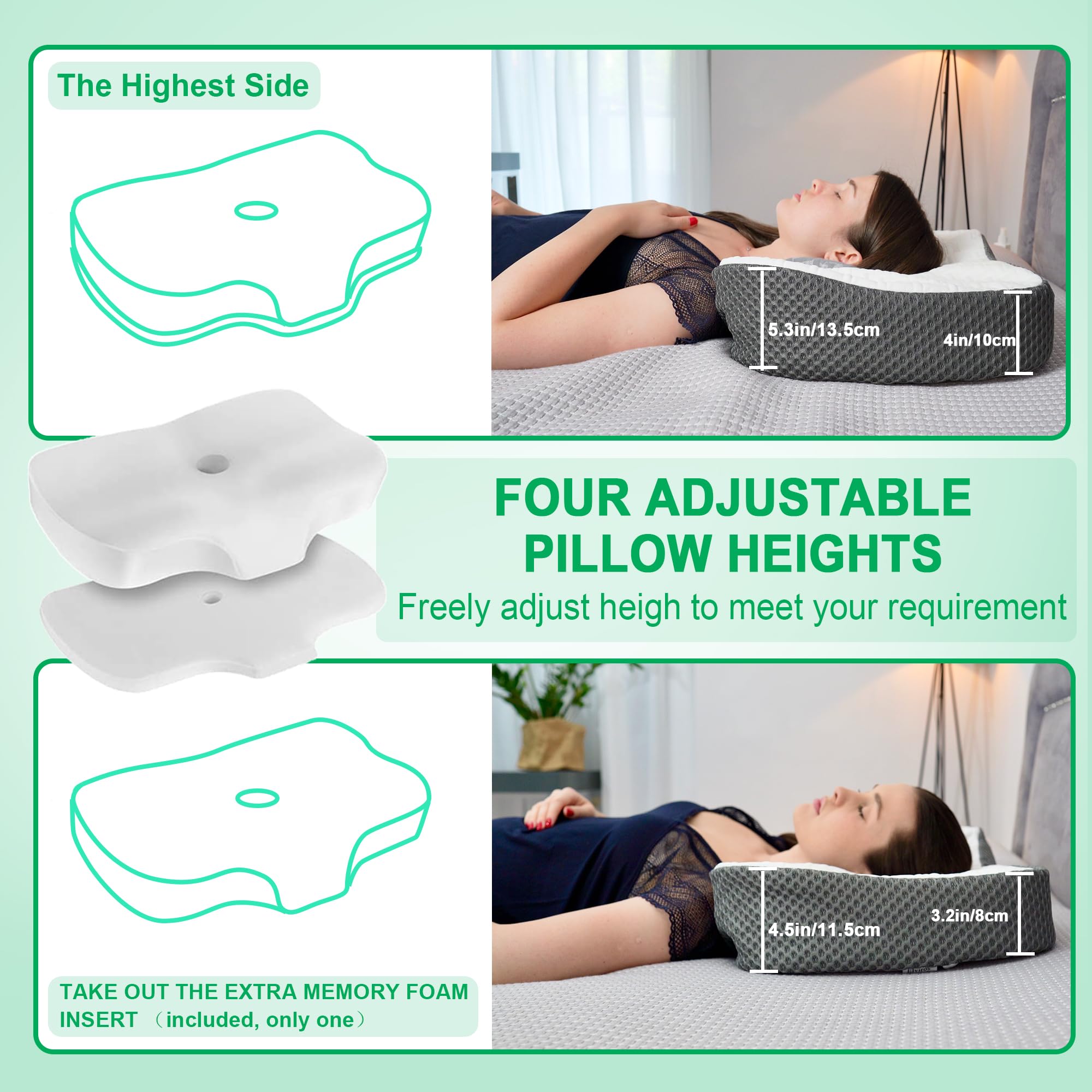 Elviros Cervical Neck Pillow, Contour Memory Foam Pillows for Pain Relief Sleeping, Adjustable Orthopedic Ergonomic Bed Pillow for Back and Stomach Sleepers (White)