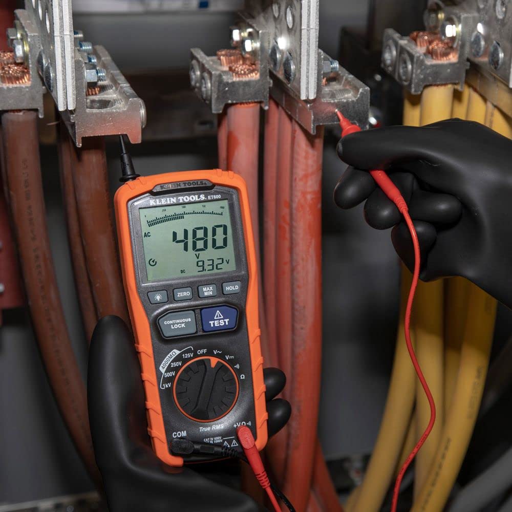 Klein Tools ET600 Multimeter, Megohmmeter Insulation Tester, 4000 Ohms Resistance, 125V/250V/500V/1000V, Auto-Ranging TRMS Multimeter,Orange/Black