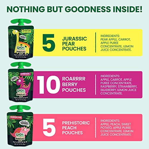 GoGo squeeZ Fruit & veggieZ Variety Pack, Jurassic Pear, Roarrrr Berry & Prehistoric Peach, 3.2 oz (Pack of 20), Unsweetened Snacks for Kids, No Gluten, Nut & Dairy, Recloseable Cap, BPA Free Pouches