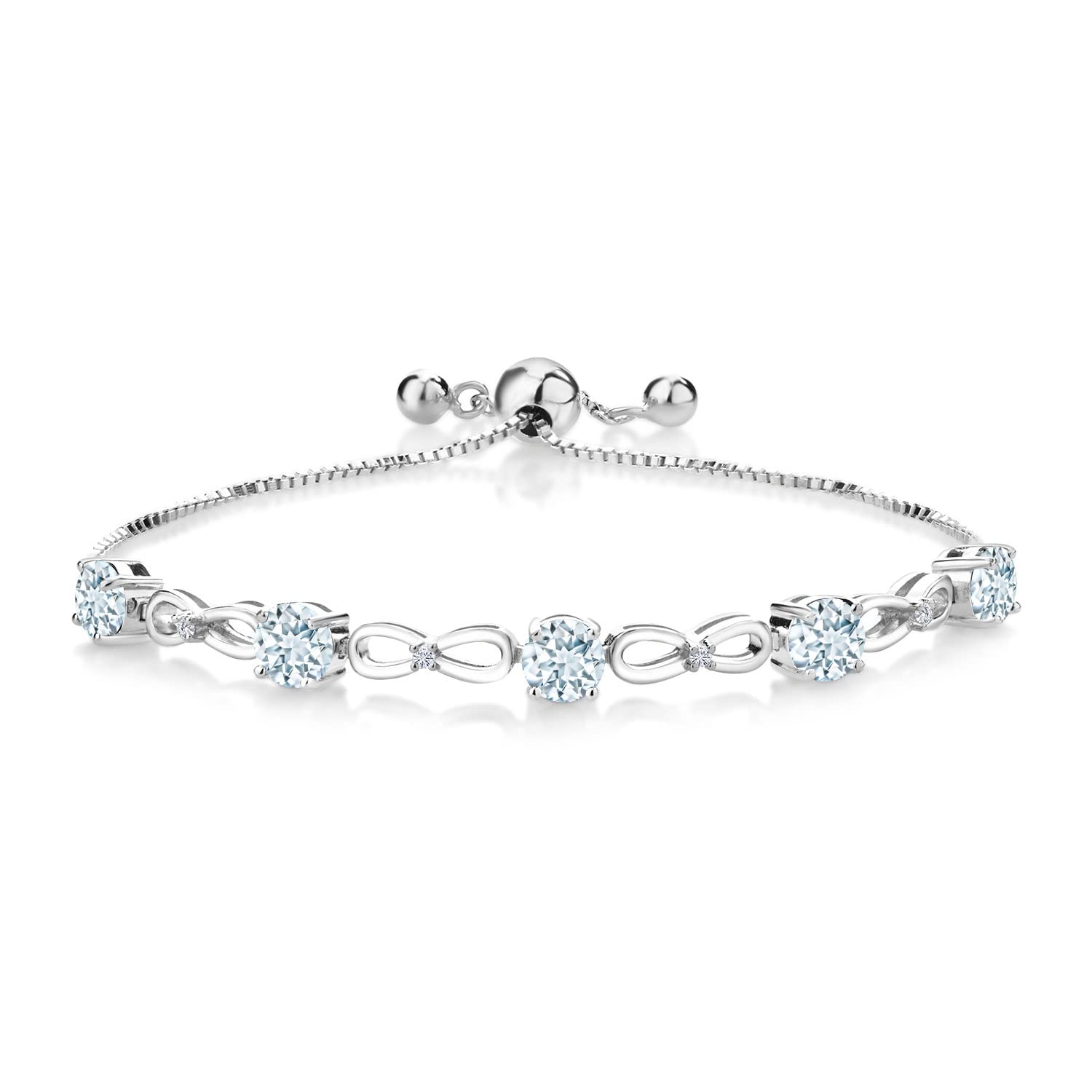 Gem Stone King 925 Sterling Silver Sky Blue Aquamarine and White Lab Grown Diamond Tennis Bracelet For Women (2.54 Cttw, Gemstone Birthstone, Fully Adjustable Up to 9 Inch)