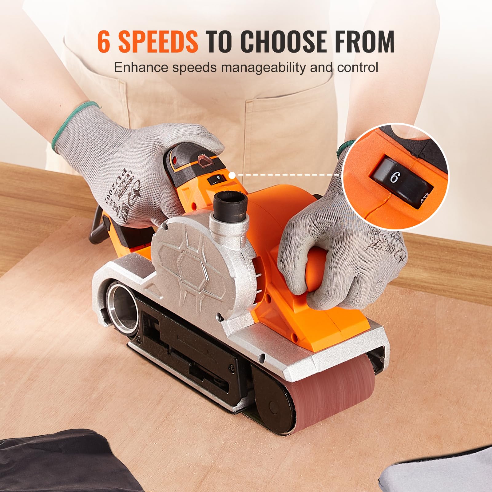 VEVOR 10AMP Belt Sander, 4" x 24" Belt Sanders for Woodworking with 6 Speeds 274-480 m/min, Powerful Sander Machine with 2 in 1 Vacuum Adapter, 2 Dust Bags, 2 Sanding Belts