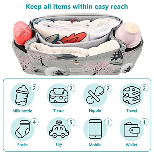 Kigai Cherry Blossom Trees Pagoda Baby Stroller Organizer with Cup Holders, Secure Hooks Accessories Adjustable Strap Stroller Bag for Bottle, Diaper, Phone, Toys, Baby Items