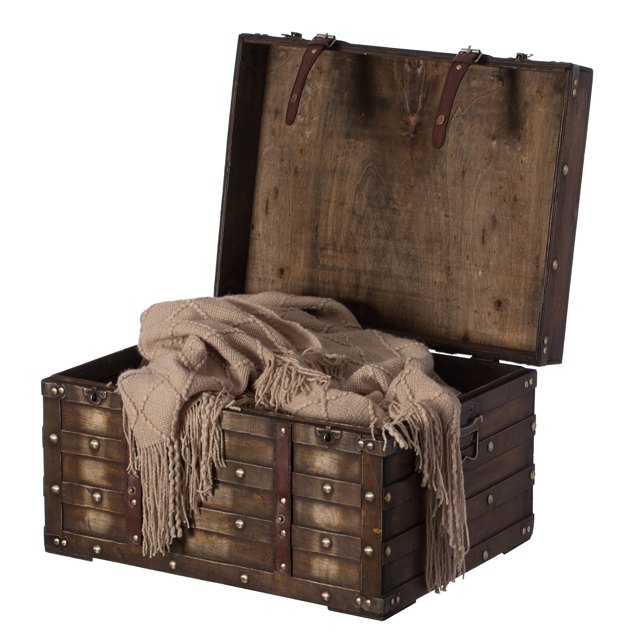 Vintiquewise Wooden Brown Storage Trunk with Faux Leather Straps and Handles, Large