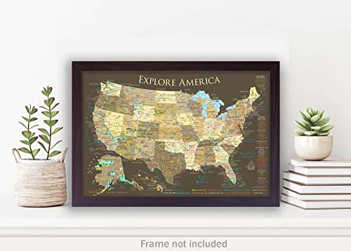 National Parks Map Poster with USA Travel Destinations (24W x 16H inches)