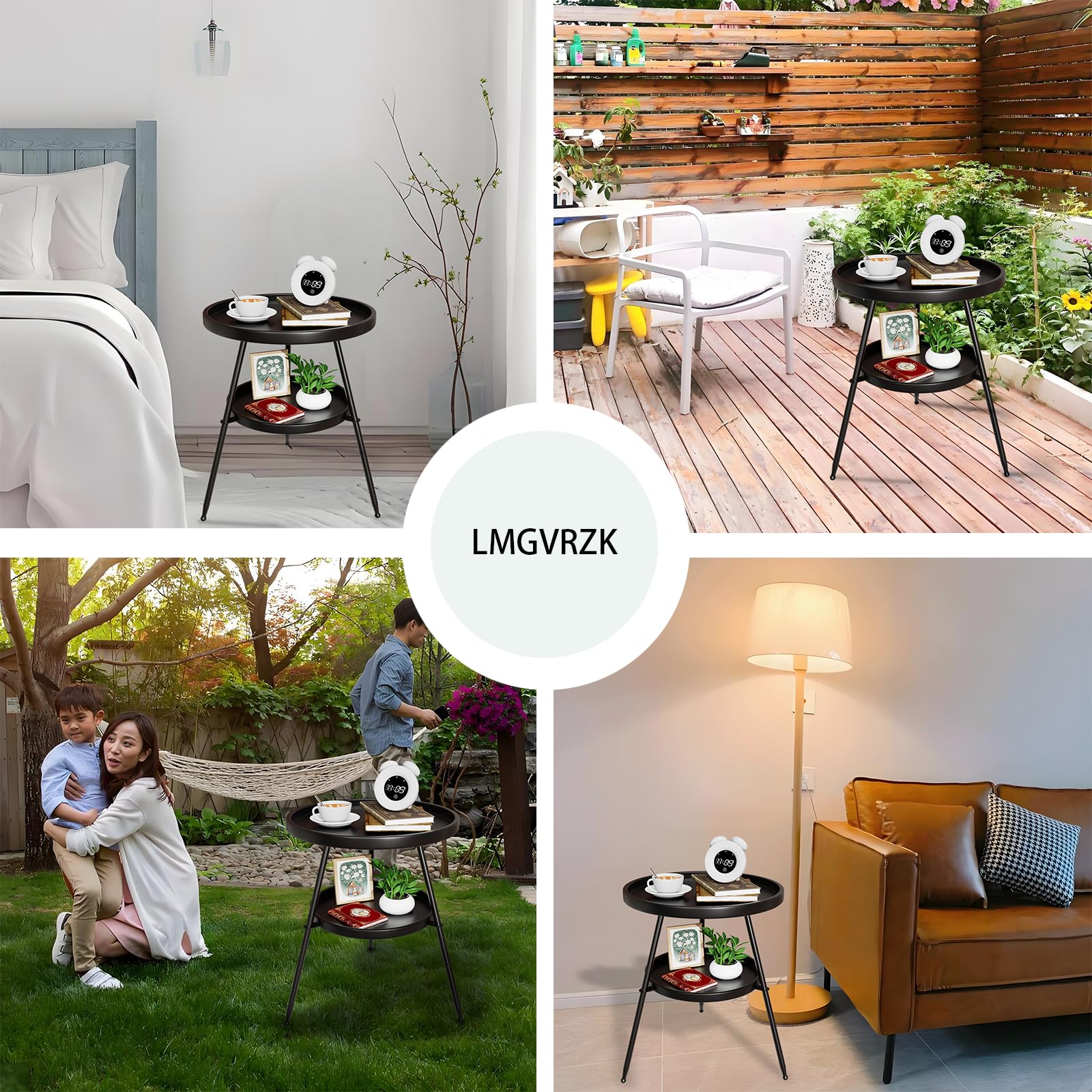 OUYPLTNY 2 Tier Round End Table,Black Small Side Table Round Metal Coffee Tables Nightstand for Small Spaces Indoor Outdoor and Living Room Bedroom or Office(2tier02)