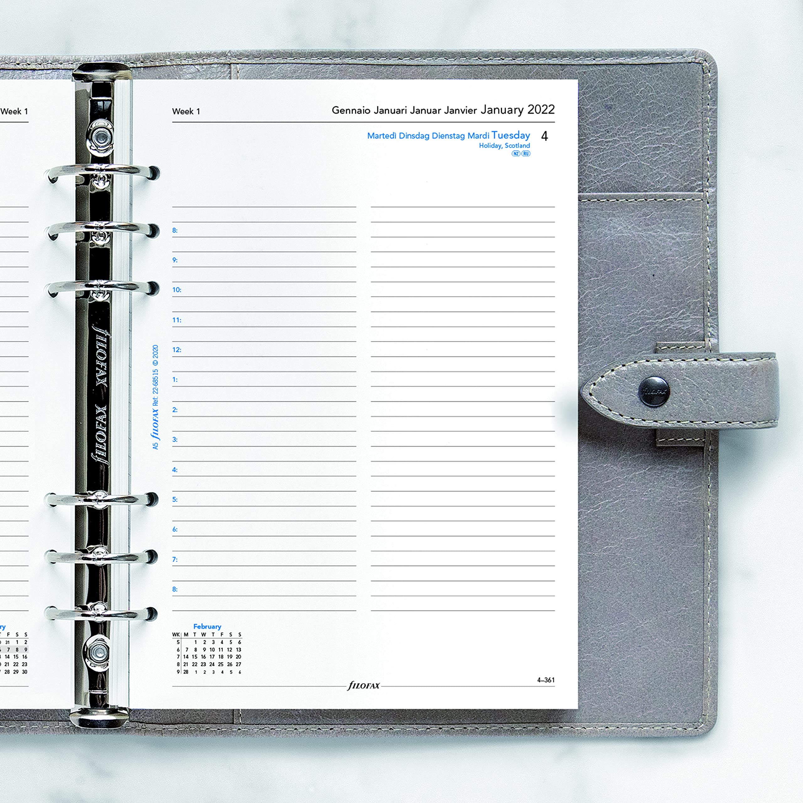 Filofax Refill, A5 Size, Day on One Page with Appointments, White Paper, Multilingual: Five Languages, 2022 (C68515-22), 5.75 inches X 8.25 inches