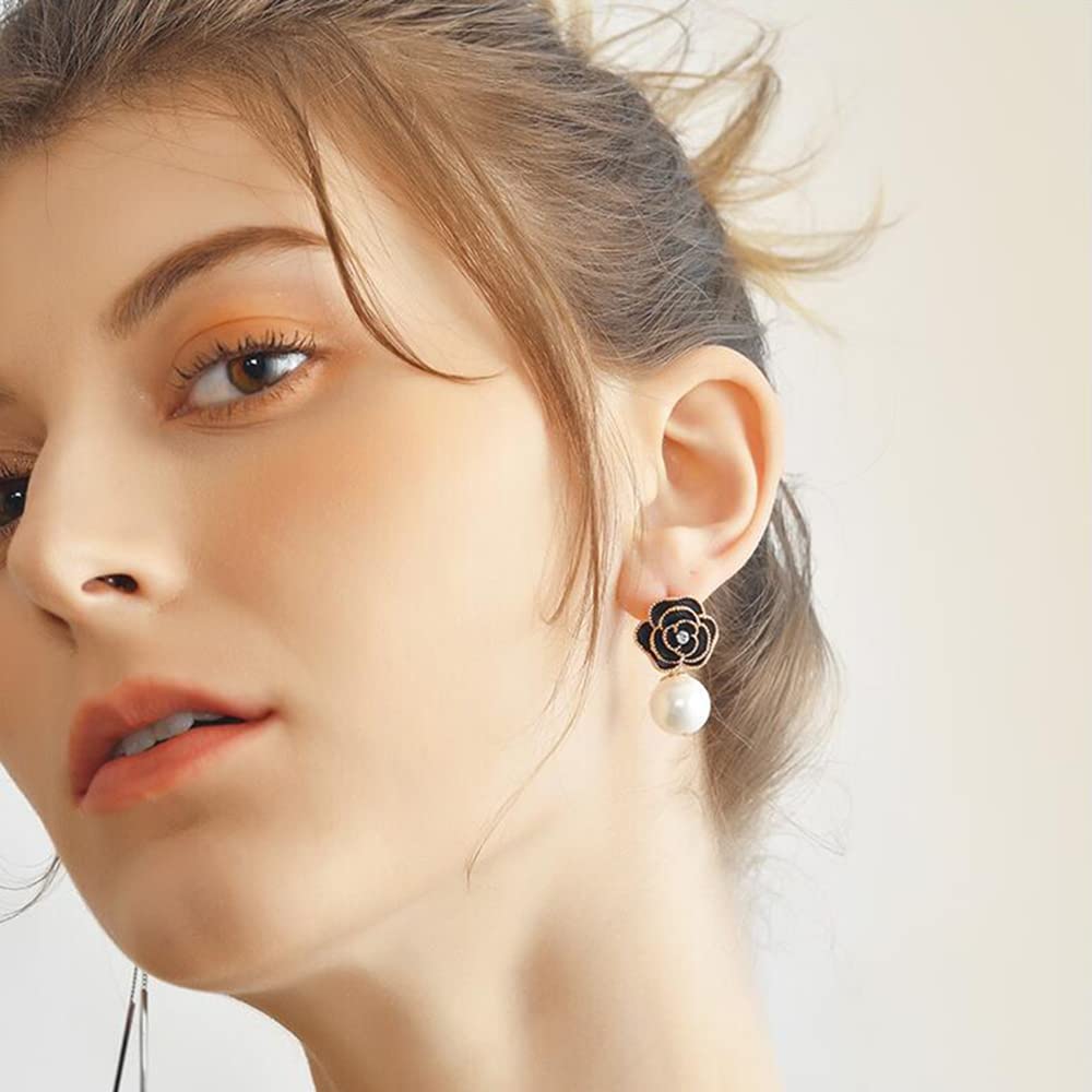 Imitation Pearl Rose Charm Dangle Stud Earrings for women (Black)