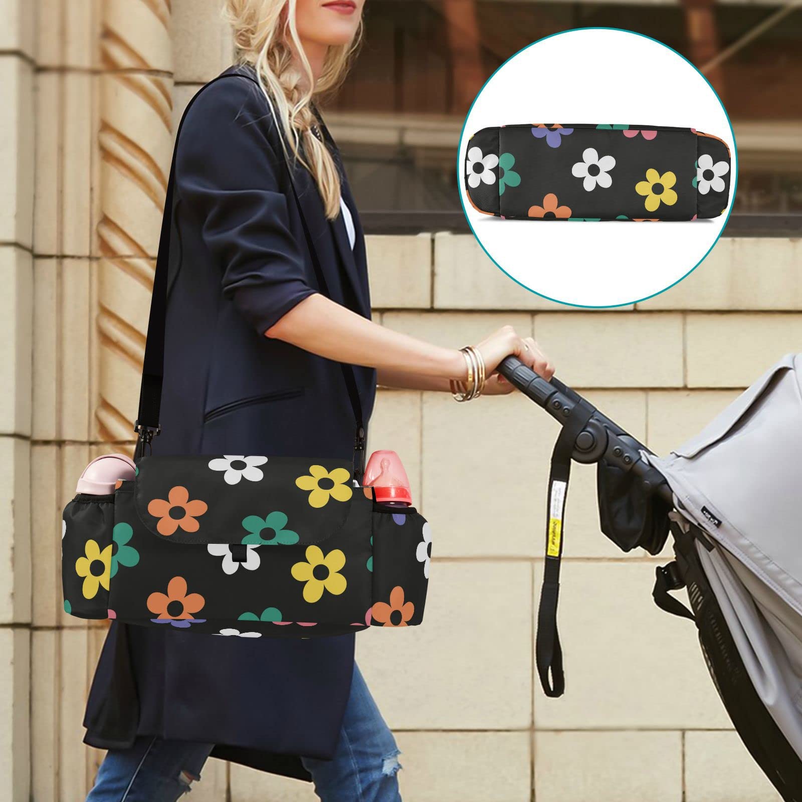 Kigai Colorful Flowers Baby Stroller Organizer with Cup Holders, Secure Hooks Accessories Adjustable Strap Stroller Bag for Bottle, Diaper, Phone, Toys, Baby Items