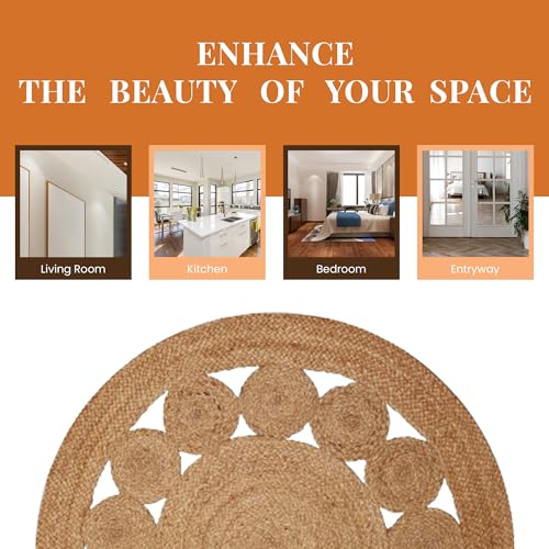 Tepo Round Jute Rug 3 ft, Braided Area Rug for Kitchen, Living Room and Bedroom, 100% Natural Rustic Hand Woven Rug, Round Woven Rug
