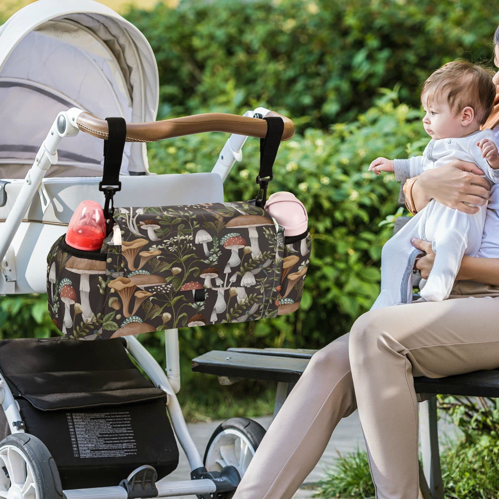 Kigai Fairytale Mushroom Baby Stroller Organizer with Cup Holders, Secure Hooks Accessories Adjustable Strap Stroller Bag for Bottle, Diaper, Phone, Toys, Baby Items