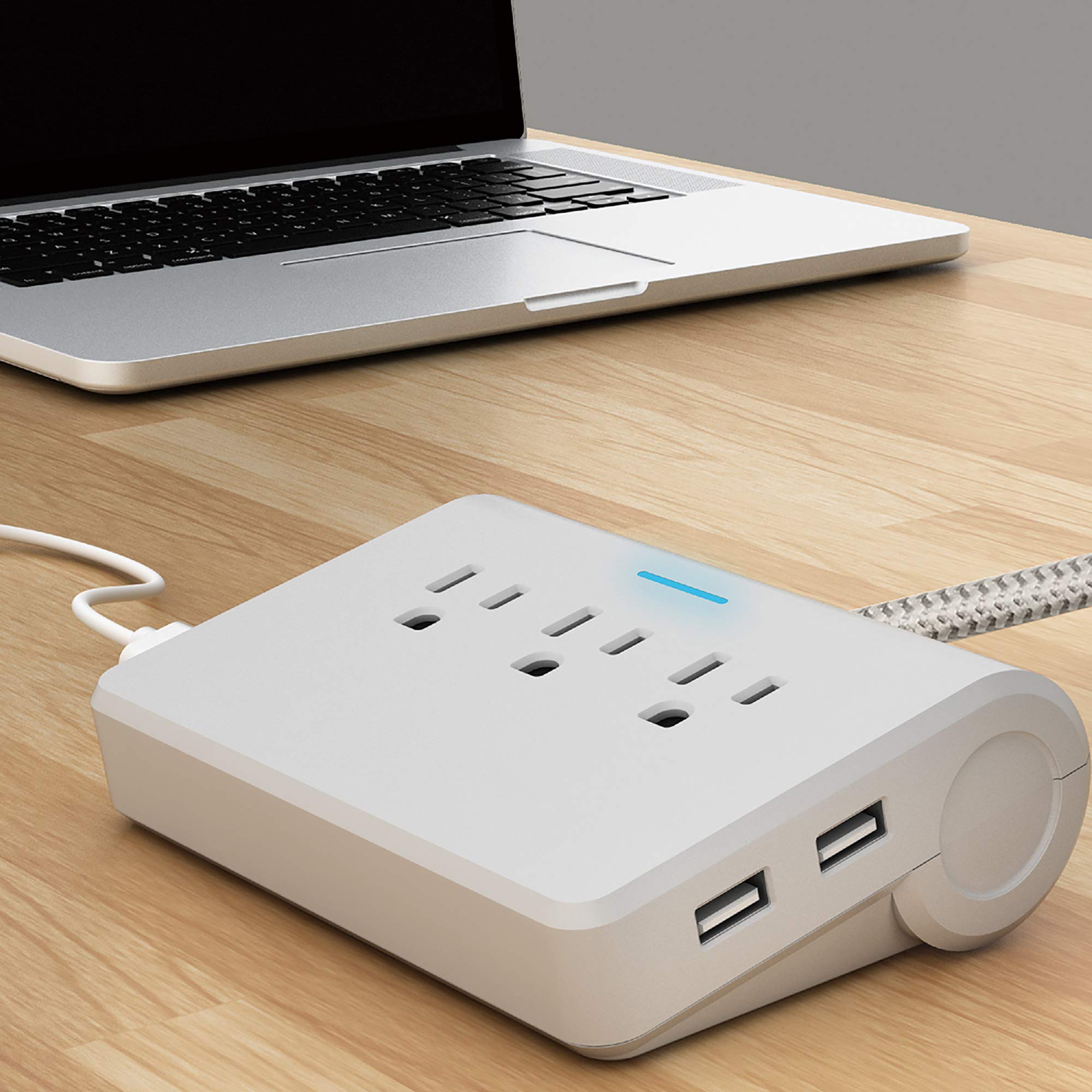 Link2Home EM-TXC202B Surge Protector, 5ft Extension, 3 Outlets Strip, 4 Ports, 4.8A USB, Braided Cable with Low Profile Plug, Grey Fabric Cord Power Dock, 1pk