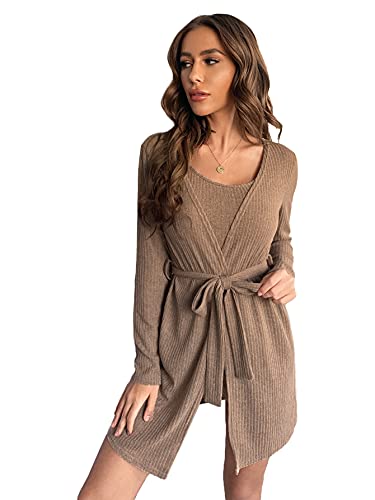 Verdusa Women's 3 Piece Cami Top & Shorts Lounge Sleepwear Pajama Set with Robe Mocha Brown S