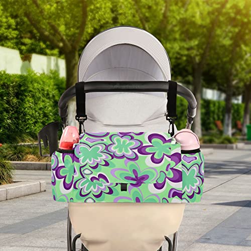 Kigai Retro Daisy Flowers Baby Stroller Organizer with Cup Holders, Secure Hooks Accessories Adjustable Strap Stroller Bag for Bottle, Diaper, Phone, Toys, Baby Items