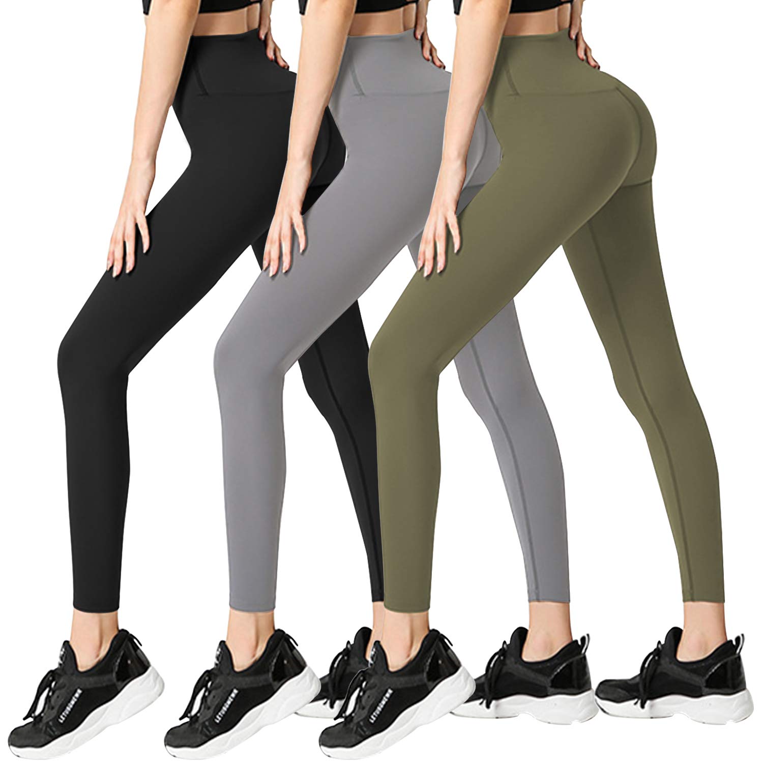 FULLSOFT 3 Pack Super Soft Black Leggings for Women-High Waist Yoga Workout Running Pants (3 Pack Black, Light Grey, Olive, Small-Medium)