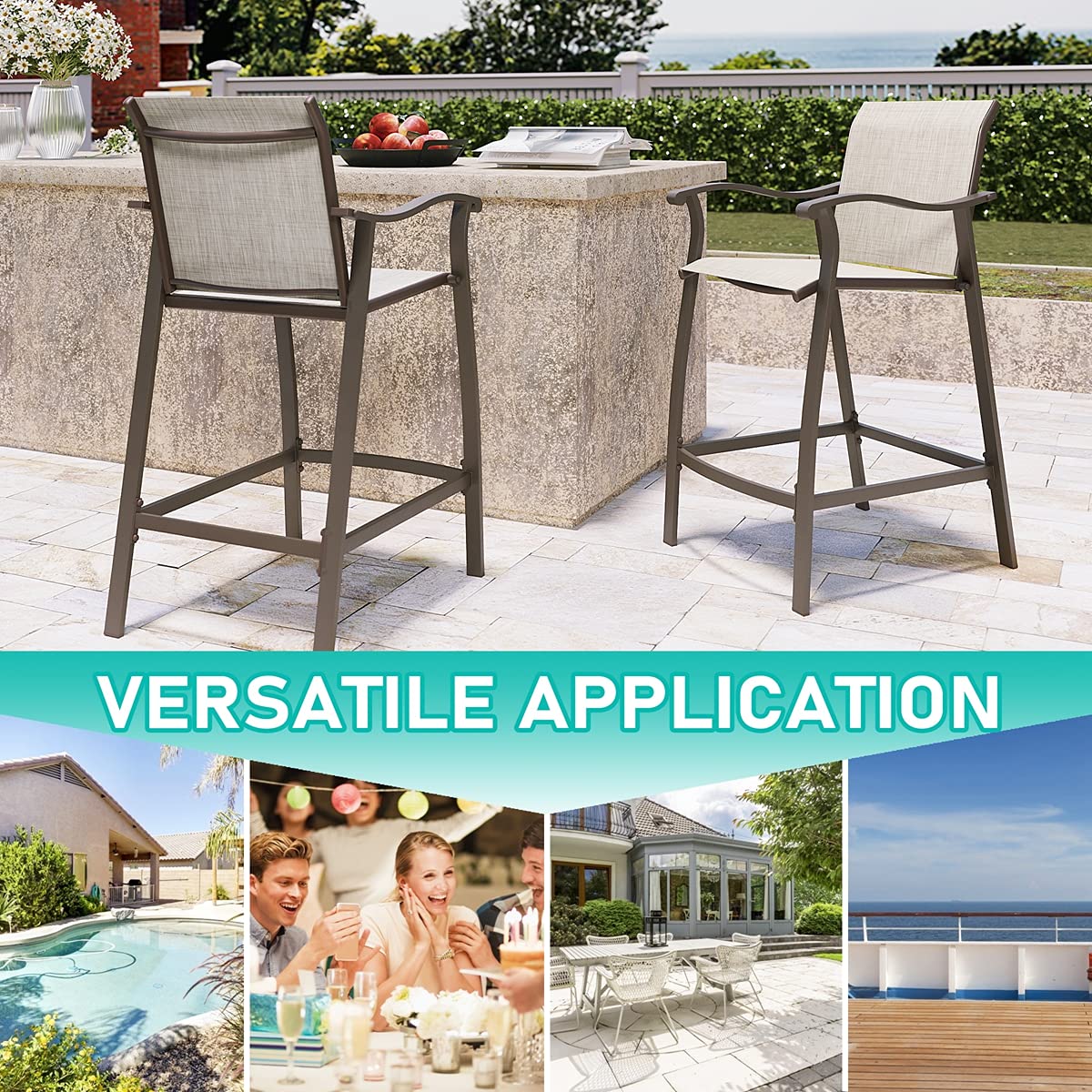 VredHom Outdoor Bar Stools & Chairs Set of 2, 2 PCS Counter Height Bar Stools, Patio Bar Chairs Brown Aluminum Frame & Beige Textilene