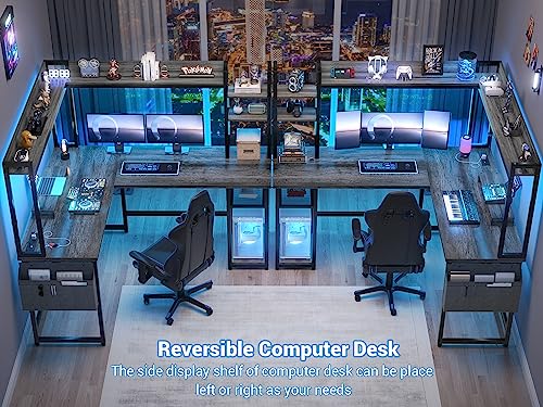 Aheaplus L Shaped Desk with Power Outlet, L Shaped Gaming Desk with Led Light & Hutch, Reversible Home Office Desk, Corner Computer Desk Writing Desk with Monitor Stand & Storage Shelves, Grey Oak