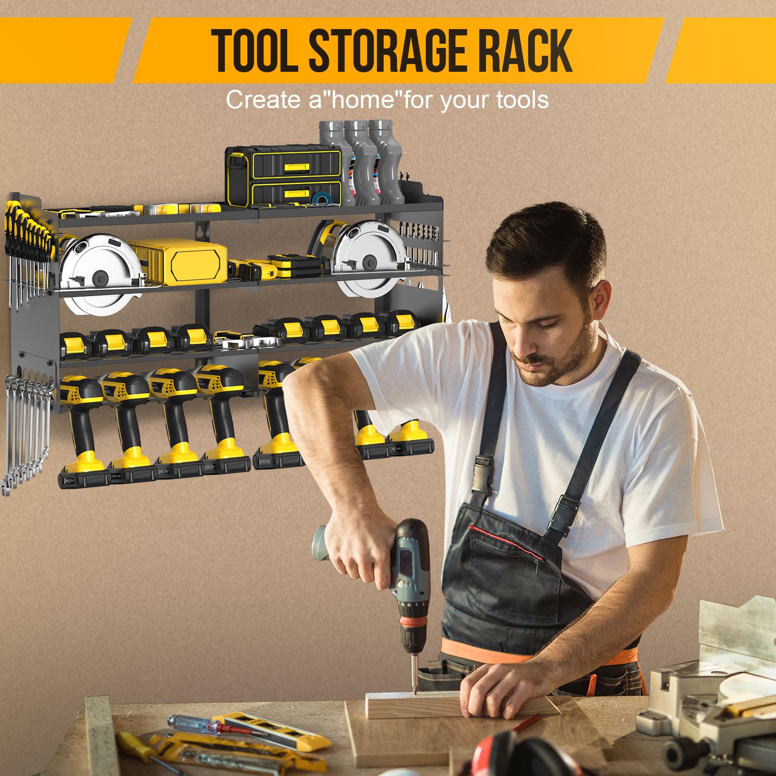 Power Tool Organizer, Drill Holder Wall Mount, Storage Rack for Cordless Drill, Heavy Tool shelf with Screwdriver Holder/Pliers Holder/Hammer