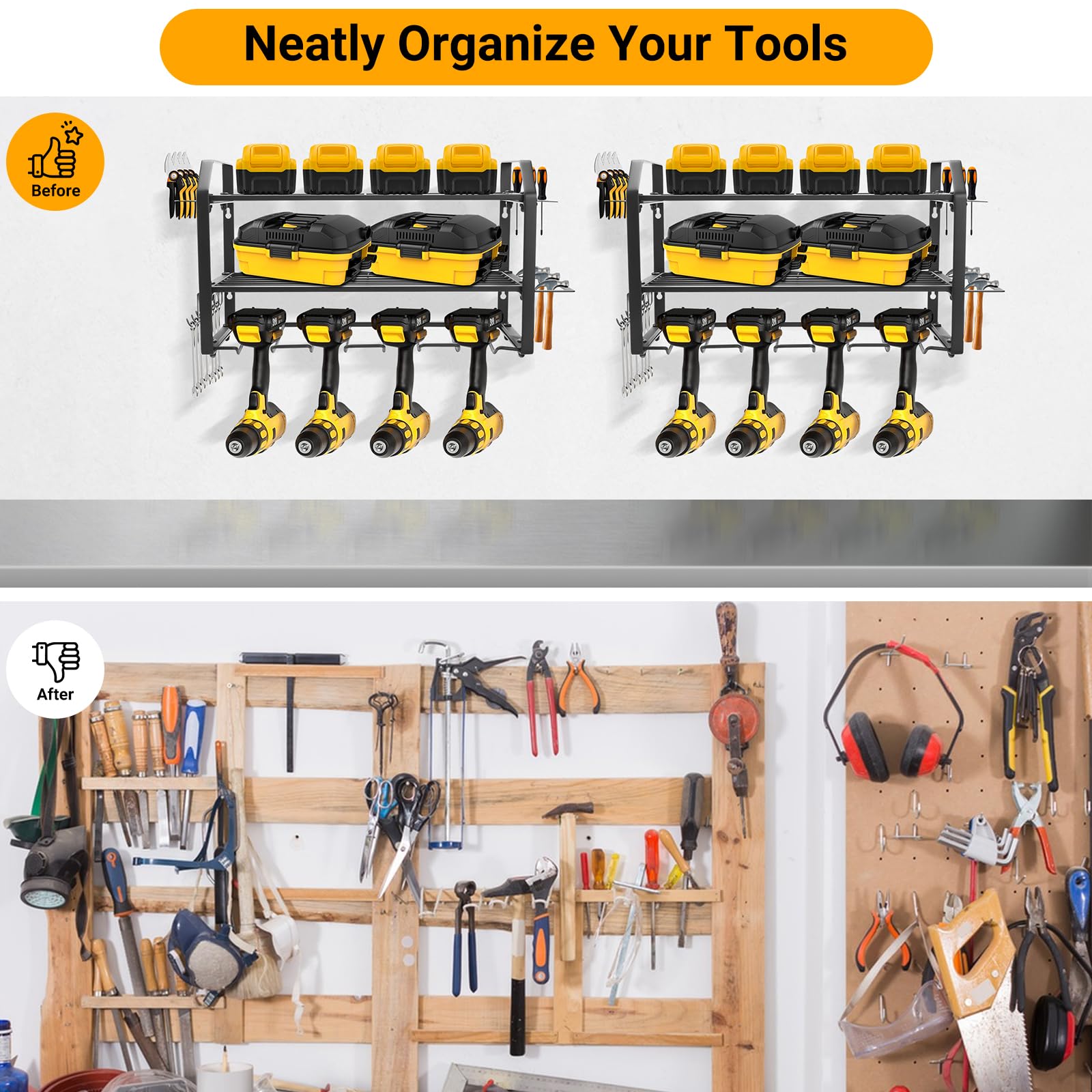 Power Tool Organizer Heavy Duty Wall Mount Tool Storage, Large Capacity Garage Organization Metal Utility Racks with 4 Drill Holders and Tool Slots