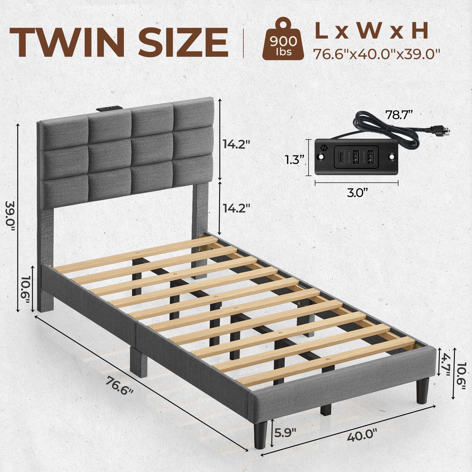 Seventable Twin Size Bed Frame with Charging Station, Upholstered Bed with Heavy Duty Wood Slats, Noise Free, Easy Assembly, No Box Spring Needed, Dark Grey