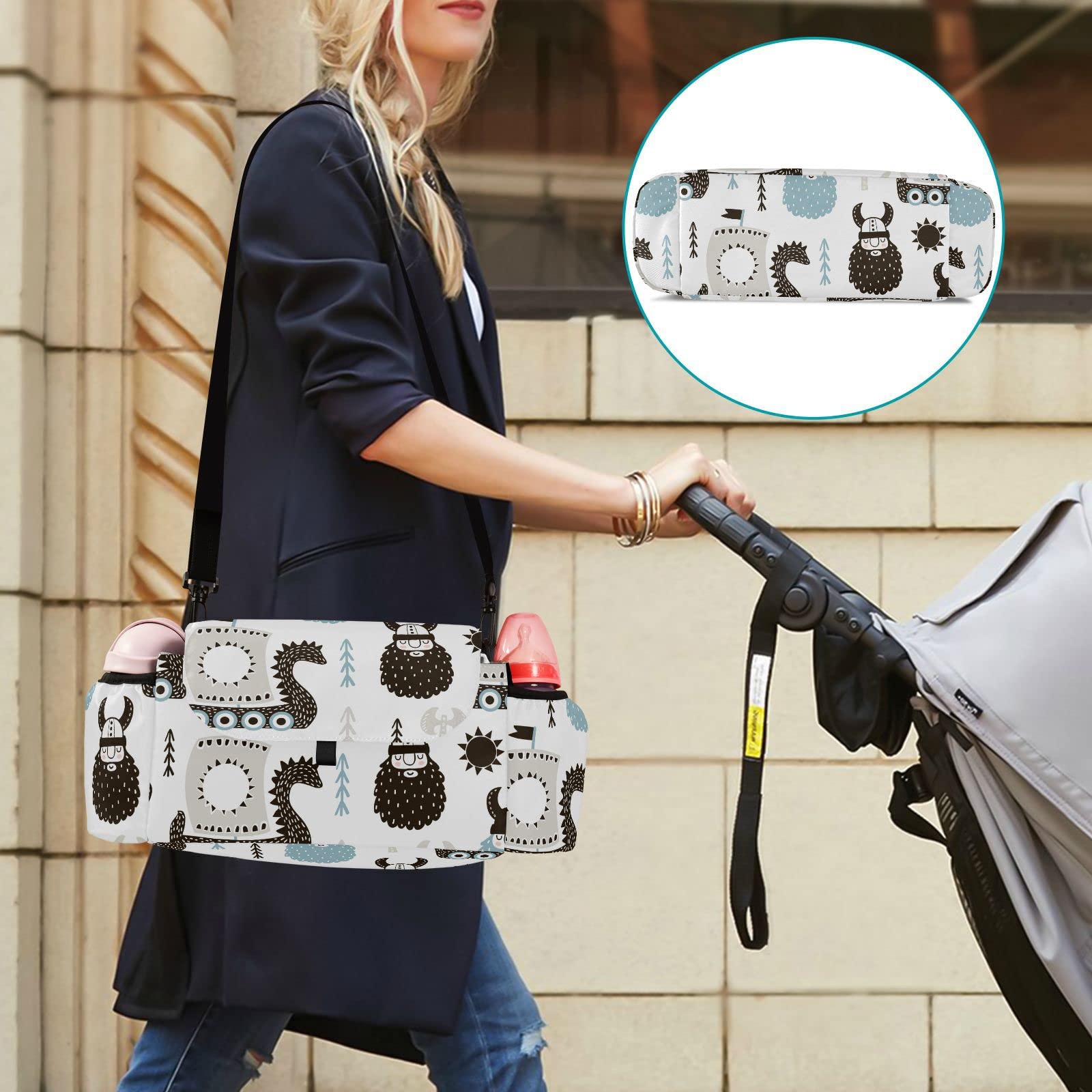 Kigai Viking Boat White Baby Stroller Organizer with Cup Holders, Secure Hooks Accessories Adjustable Strap Stroller Bag for Bottle, Diaper, Phone, Toys, Baby Items