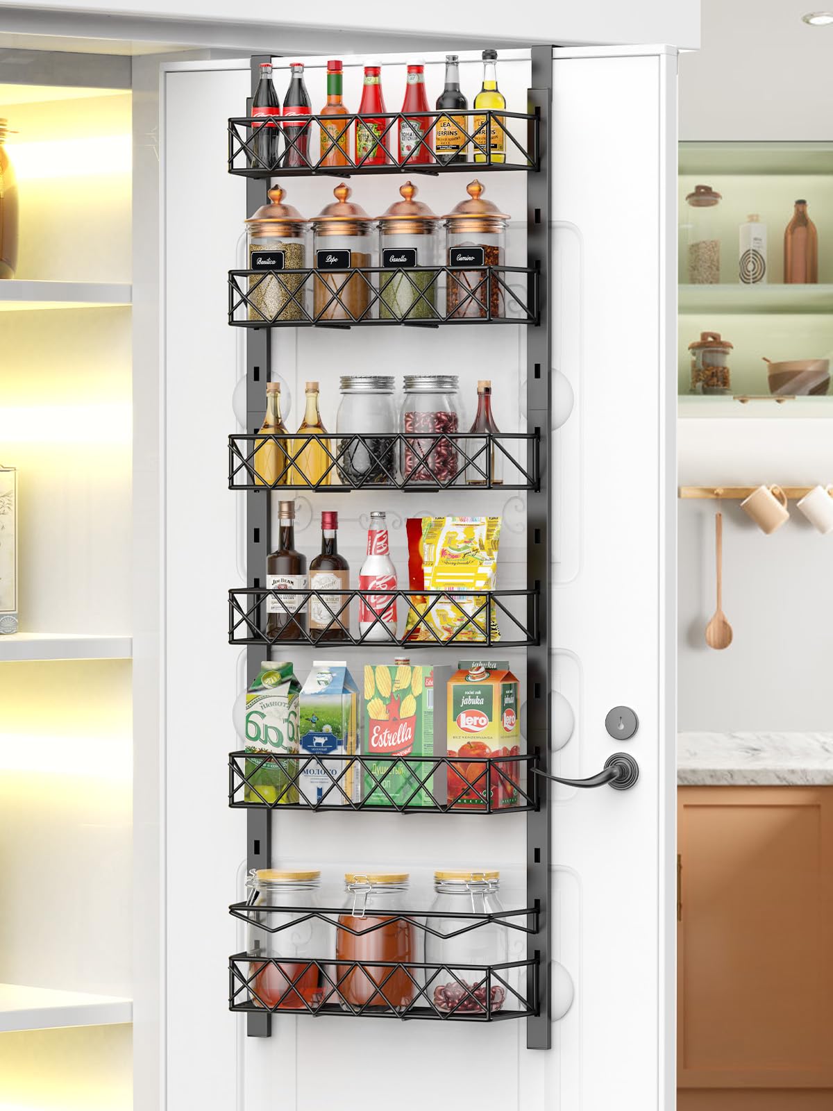 Fulpower Over the Door Pantry Organizer, 6+1 Pantry Door Organizer with Adjustable Basket, Metal Spice Rack Storage for Kitchen Pantry Black (Black 6 Tier)