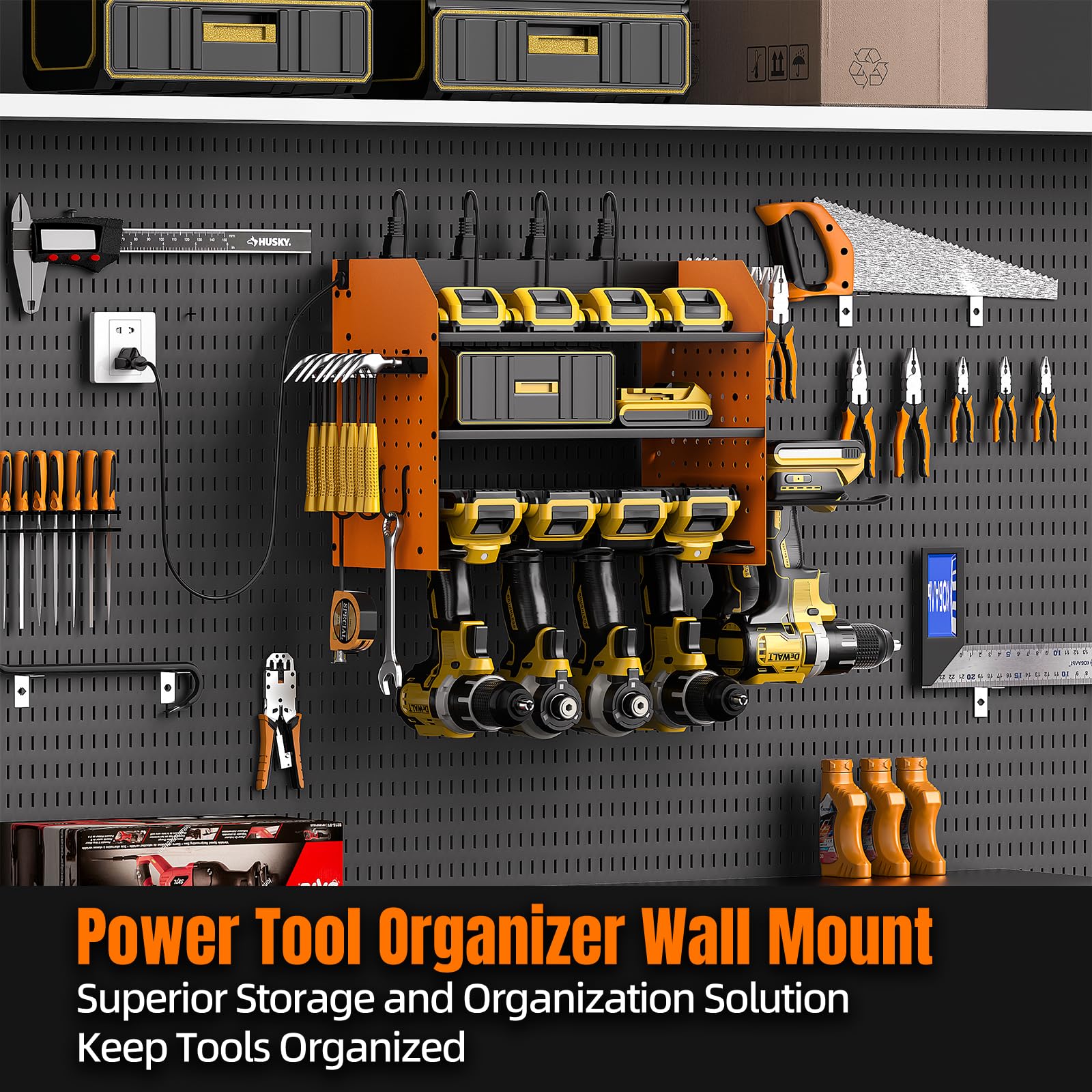 Power Tool Organizer Wall Mount with Charging Station, Utility Racks with Drill Holder for Garage Organization, Tool Shelf with Hooks, Screwdriver/Plier/Hammer/Drill Bit Holder, 8 Outlet Power Strip
