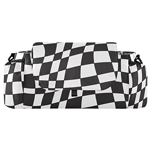 Kigai Y2k Curvy Chessboard Baby Stroller Organizer with Cup Holders, Secure Hooks Accessories Adjustable Strap Stroller Bag for Bottle, Diaper, Phone, Toys, Baby Items