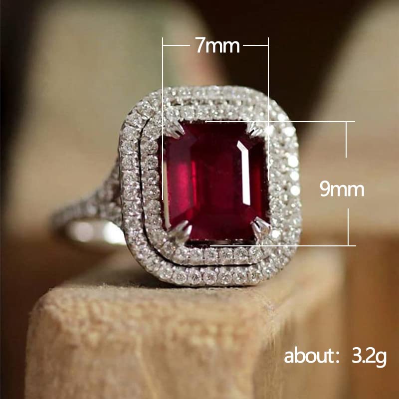 LRESJJIUJ Silver Plating Forge Cubic Zirconia Emerald Cut Ruby Women's Ring Size 6-10 Engagement Ring Anniversary or Lady Bride Jewelry Exquisite Ring Square Princess Ring