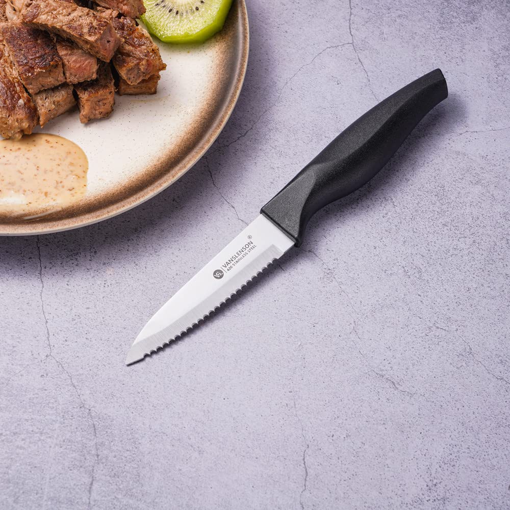 VSL VANSLENSON Multipurpose Kitchen Knife set 4 inch Paring Knife with Cover, Steak Knife, 5 inch Utility Knife, 5 inch Serrated Blade Knife Black Handle (Set of 4 mixed combo)