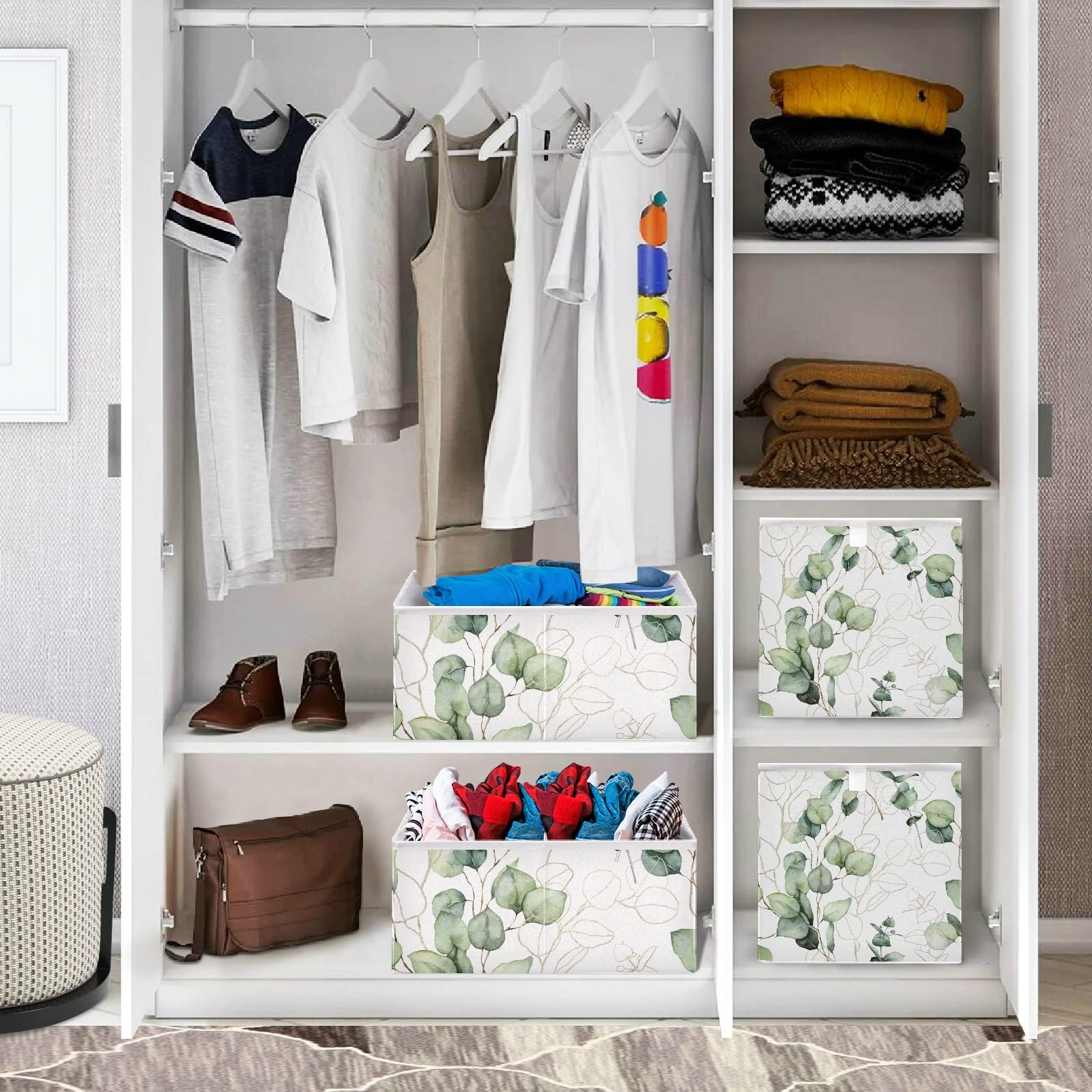 Gold Eucalyptus Branches, Green Eucalyptus Leaves Golden Linear Leaves Square Storage Basket Bin, Collapsible Storage Box, Foldable Nursery Baskets Organizer for Toy, Clothes Easy to Assemble