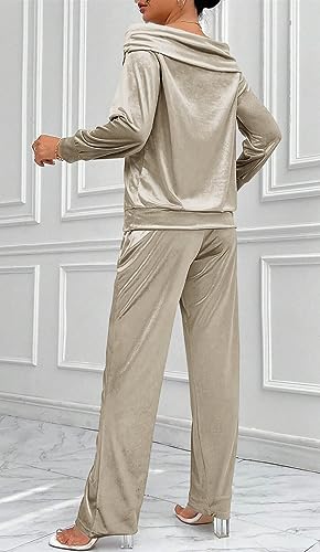 Ebifin Women's 2 Piece Lounge Sets Off Shoulder Casual Pajama Set Sweatshirt and Pants with Pockets Beige
