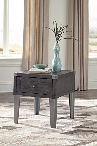 Signature Design by Ashley Todoe Industrial Square End Table with 1 Drawer, 2 Outlets and 2 USB Charging Ports, Dark Gray with Weathered Pine Finish