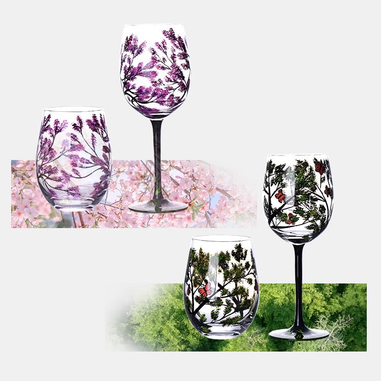 Four Seasons Tree Wine Glasses, Hand Painted Wine Glasses, Unique Anniversary Wedding Christmas Gift (B, L)