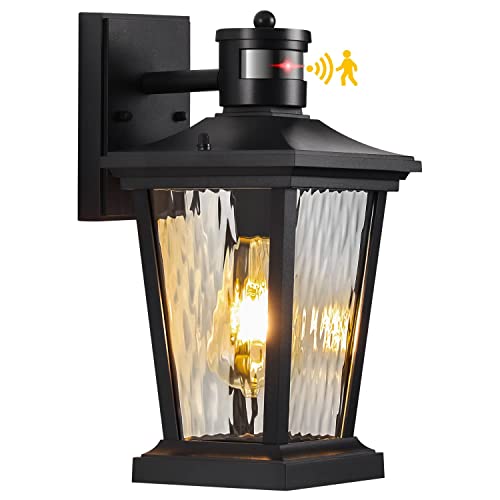 Karuoshirui Motion Sensor Outdoor Wall Lantern,Porch Lights Dusk to Dawn Sensor Exterior Light Fixtures Wall Mount,Aluminum Shell Black Outdoor Wall lamp Water Ripple Tempered Glass Outdoor Light