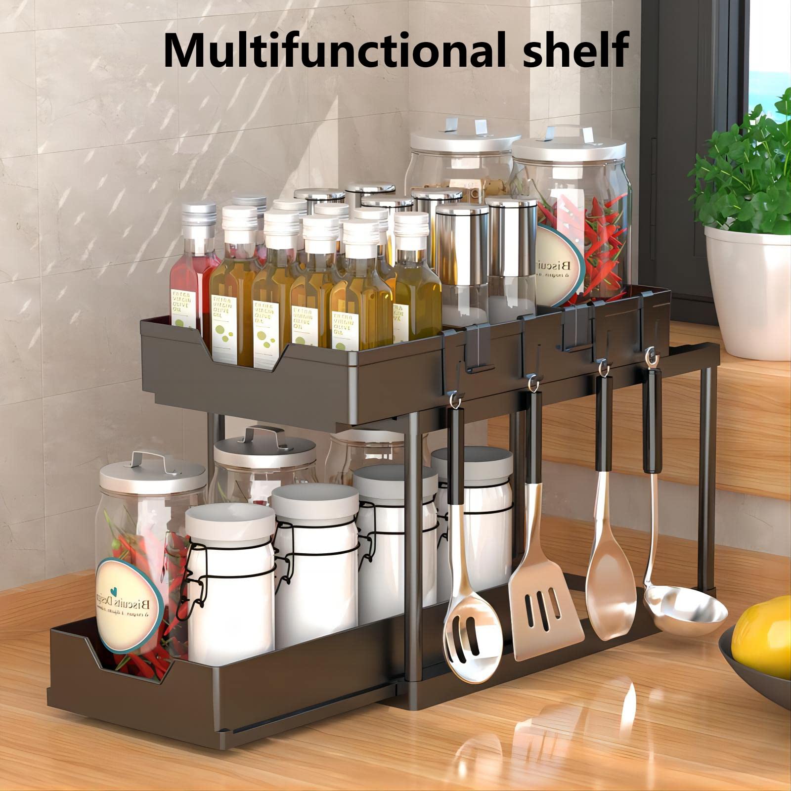 Fourmor Under Sink Organizers and Storage - 2 Tier Slide Out Shelf Under Cabinet Kitchen Storage with 4 Hooks, Pull Out Under Sink Organizer for Kitchen Bathroom Counter Office Pantry